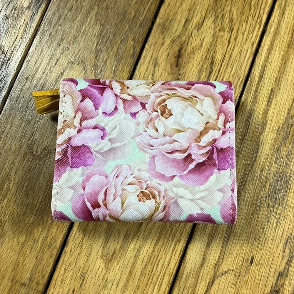 Bags | Peony Floral Trifold Wallet Pink Mustard Yellow Faux Leather ...